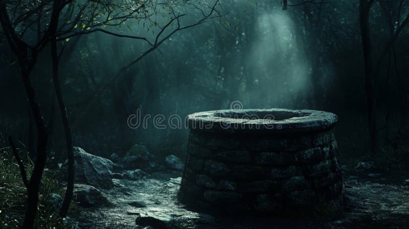 Stone Well in a Foggy Forest Stock Illustration - Illustration of green ...