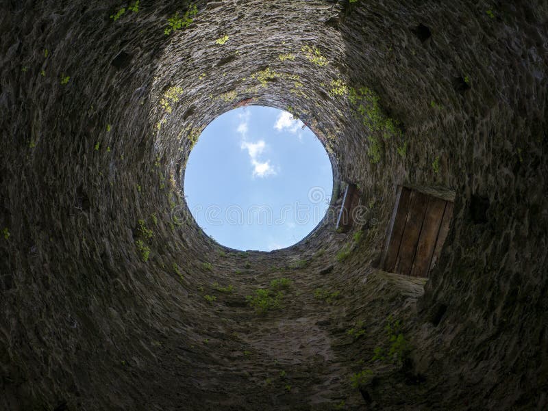 Stone Well Hole, Old Construction from Inside, Brick Walls and Blue Sky ...