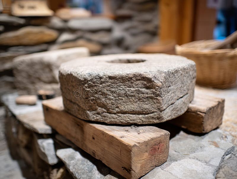 A Stone Wheel Sitting on Top of a Pile of Wood Stock Photo - Image of ...