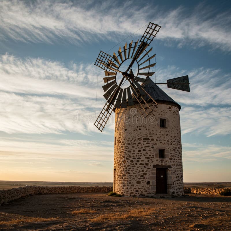Stone Windmill with a Cylindrical Structure and Conical Roof, Set ...