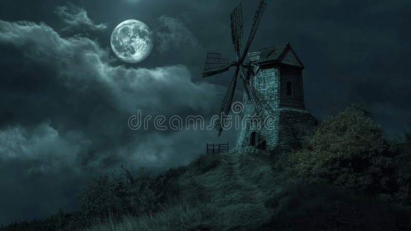 A Stone Windmill Under a Full Moon Stock Illustration - Illustration of ...