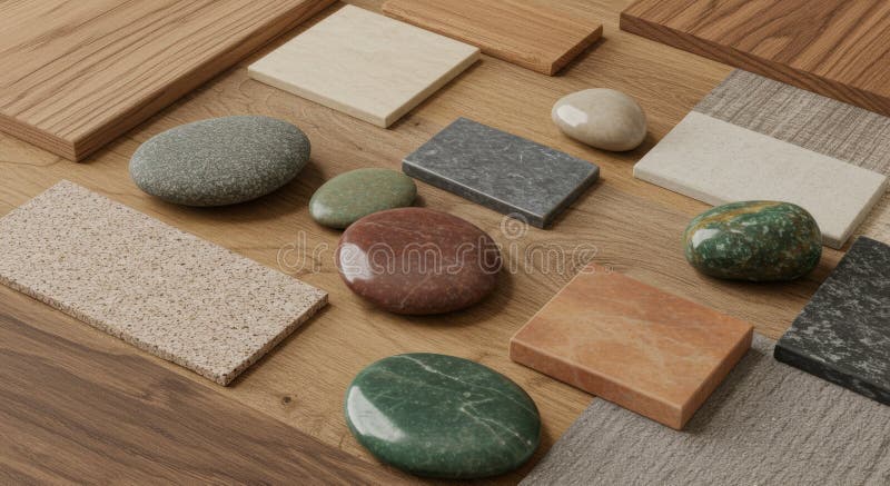 Stone and Wood Texture Samples on Sand Background Stock Illustration ...
