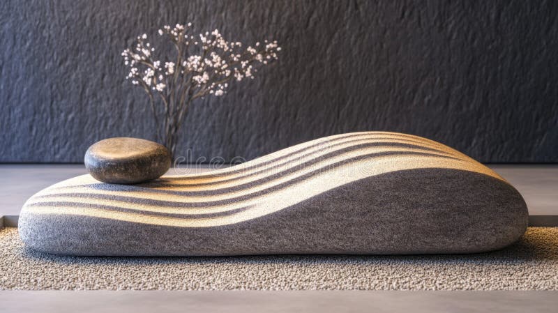 Stone Zen Garden with a Single Stone and White Flowers Stock ...