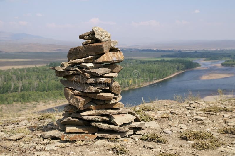 Stone Zen Tower at the Top of a River Bank Stock Image - Image of bank ...