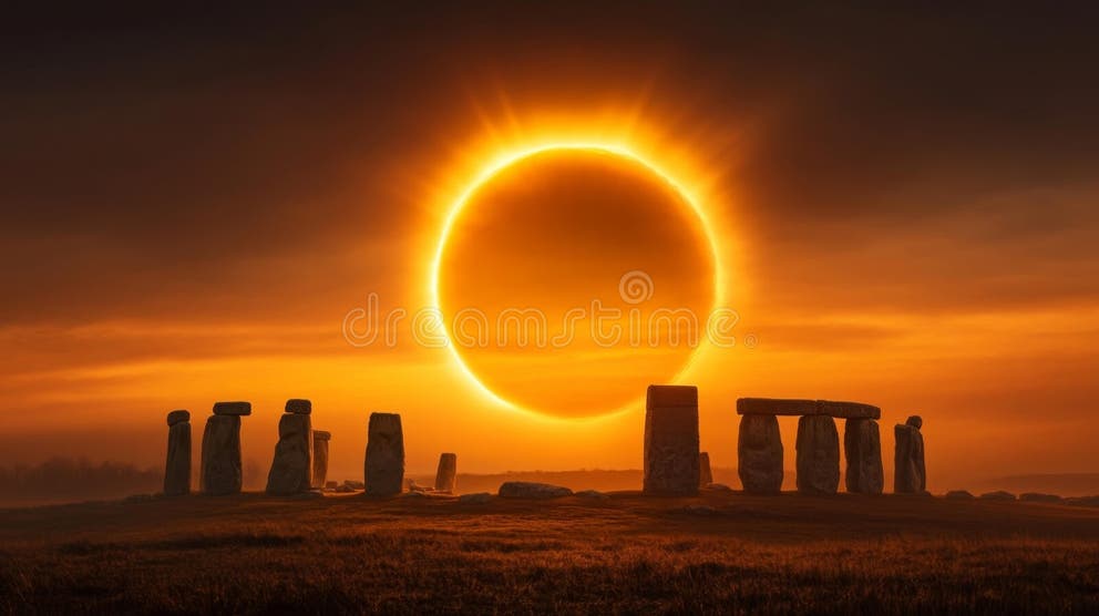 Stonehenge Sunset with Solar Eclipse in Background Stock Illustration ...