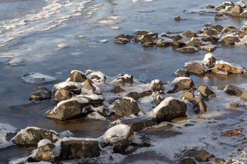 Stones Covered with Ice in a Winter River Stock Image - Image of season ...