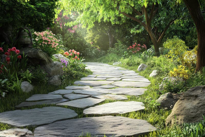 Pathway Lined with Greenery and Flowers in a Tranquil Garden Setting ...