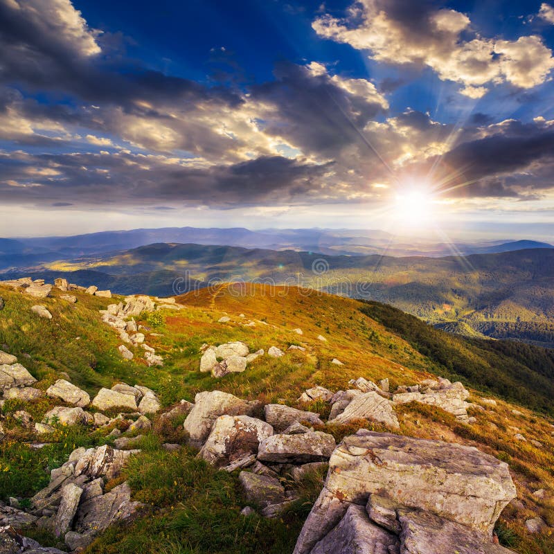 Stones on the Hillside at Sunset Stock Image - Image of dawn, sunlight ...