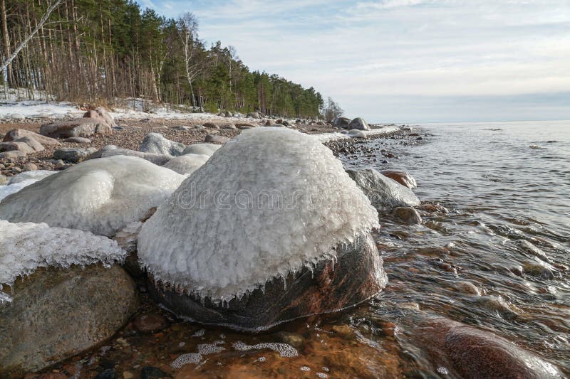 Stones with an Ice Crust on the Seashore Stock Image - Image of coast ...