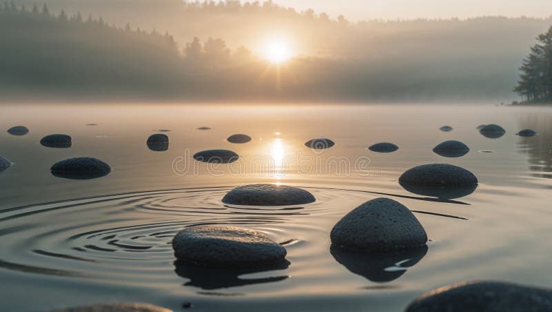 Stones in the Lake at Sunrise with Smooth Water and Gentle Ripples ...