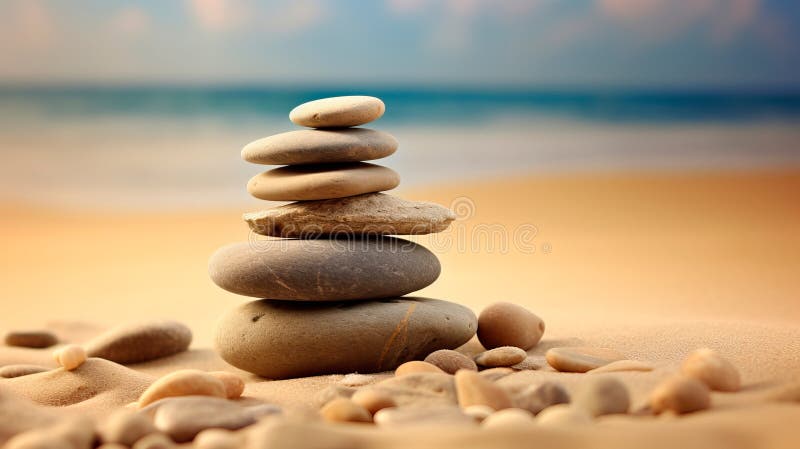 Stones Pyramid on the Sandy Beach on a Sunny Day. Stock Photo - Image ...