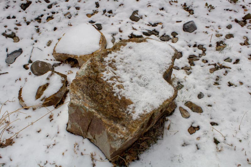 Stones in the Snow Along a Path with a Stone Wall Lining the River ...