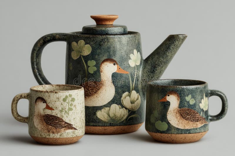 Stoneware Tea Set with Duck and Floral Design Stock Illustration - Illustration of objects ...