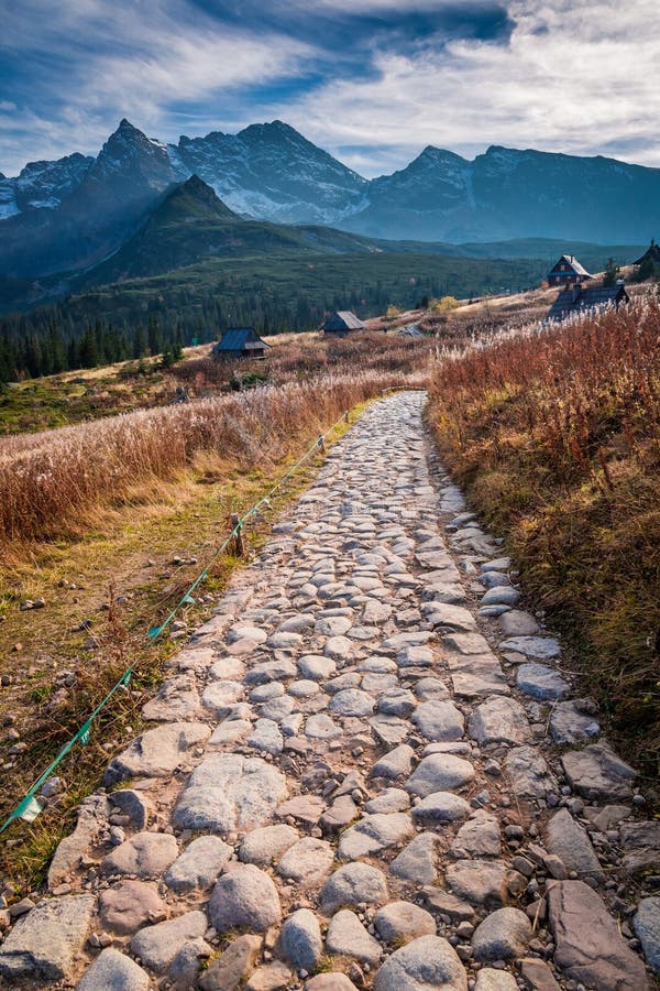 Stony Path To the Mountains Valley at Sunset in Autumn Stock Image ...