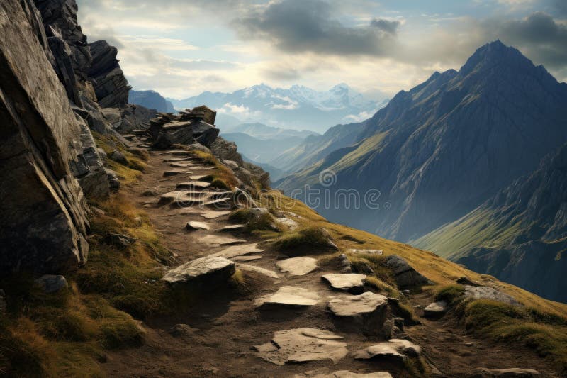 A Path in a Mountain Park between Trees and a Stone Wall. Stock Image ...
