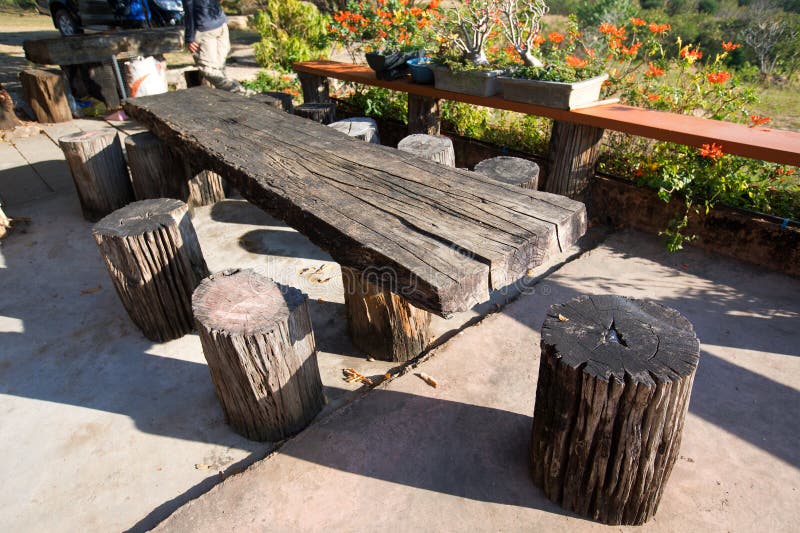 Stool and Table Made from Plank of Tree Stock Image - Image of park ...