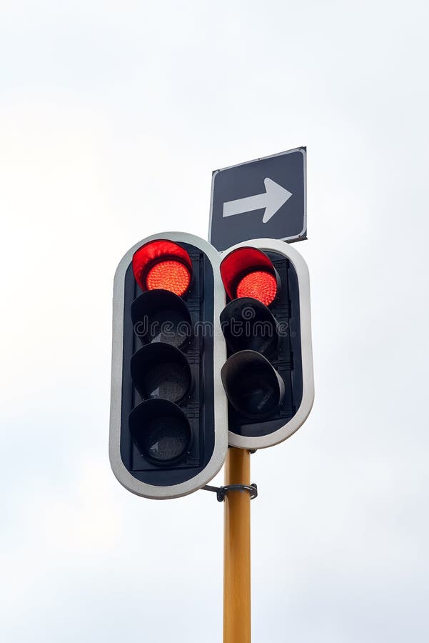 Stop in All Directions. Traffic Lights Against a Gray Sky. Stock Photo ...