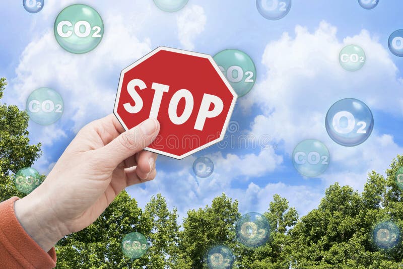 STOP CO2 Concept with Tree Canopy Against a Sky Background with Oxygen ...