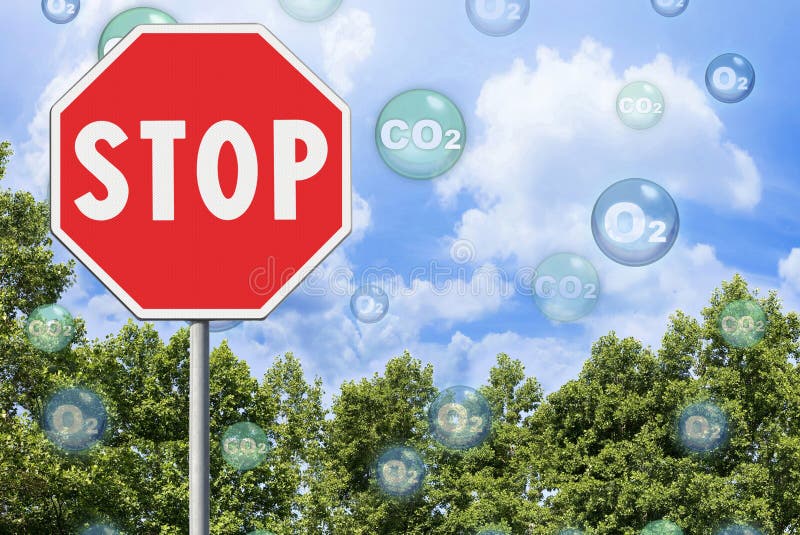STOP CO2 Concept with Tree Canopy Against a Sky Background with Oxygen ...