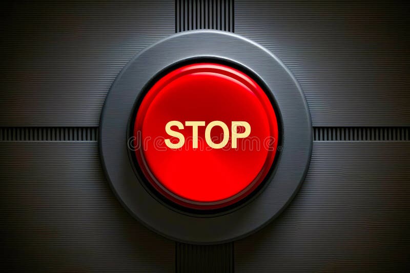 Stop Concept With Red Button With Text Stop On The Metal Wall Closeup