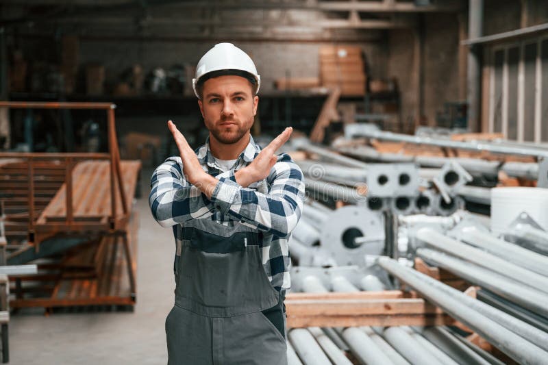 Stop Gesture by Hands. Factory Male Worker in Uniform is Indoors Stock ...