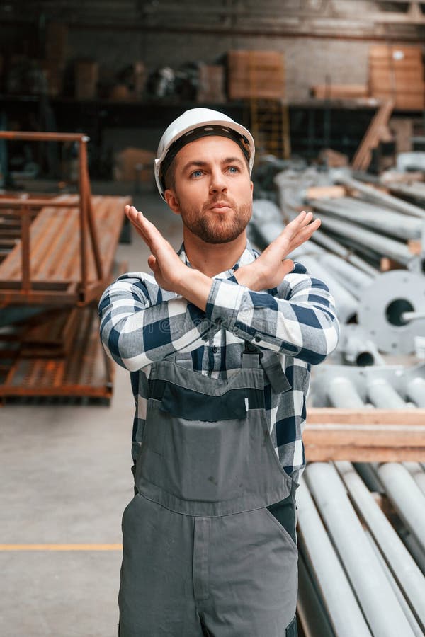 Stop Gesture by Hands. Factory Male Worker in Uniform is Indoors Stock ...