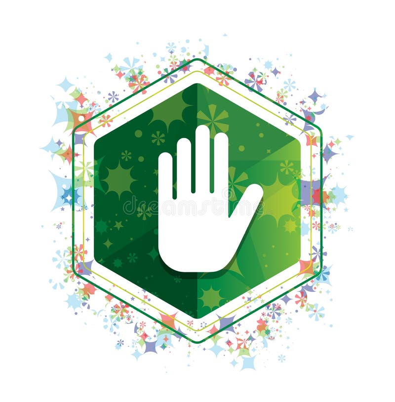 Stop Hand Icon Floral Plants Pattern Green Hexagon Button Stock ...