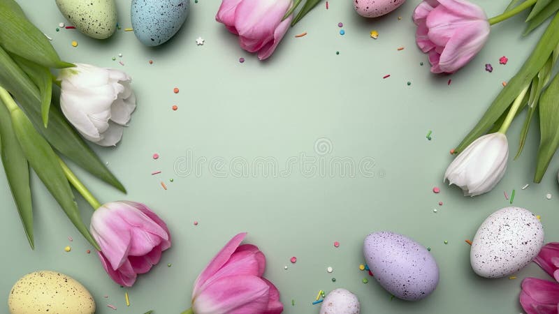 Stop Motion Animation of Easter Eggs and Tulips Rotating on Pastel ...