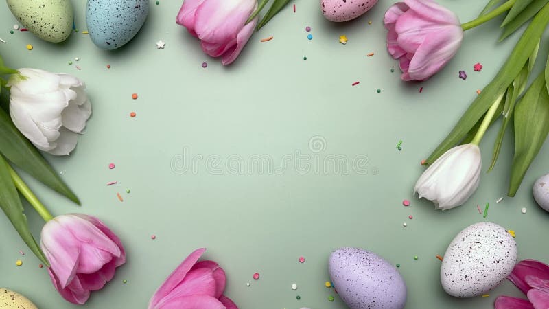 Stop Motion Animation of Easter Eggs and Tulips Rotating on Pastel ...