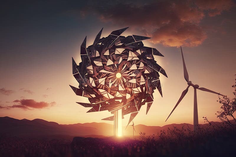 Stop-motion Double Exposure of a Wind Turbine with the Sun Setting in ...