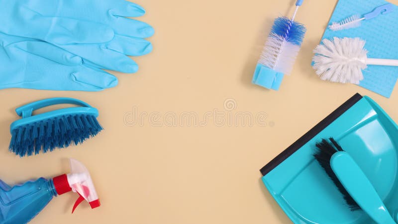 Stop Motion Flat Lay Animation of Cleaning Tools Appear on Beige ...