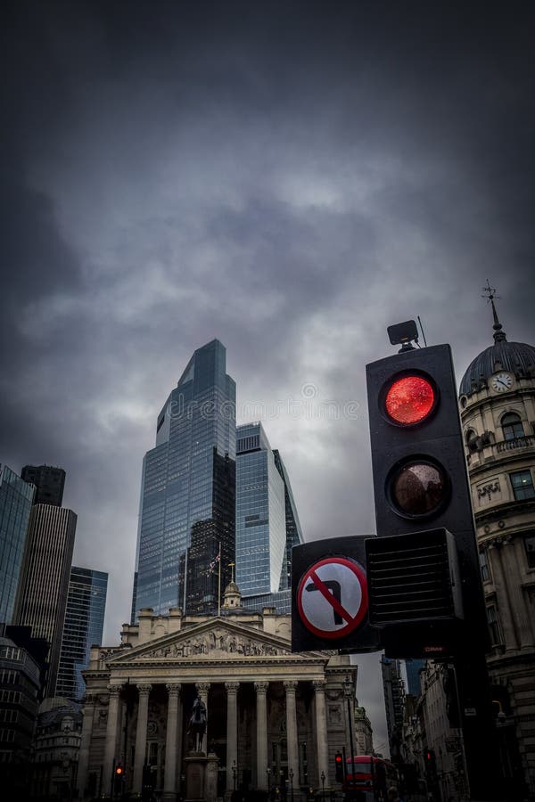 Stop No Turning at the Royal Exchange Under Moody Sky in London Stock ... Stop No Turning at the Royal Exchange Under Moody Sky in London Stock ...