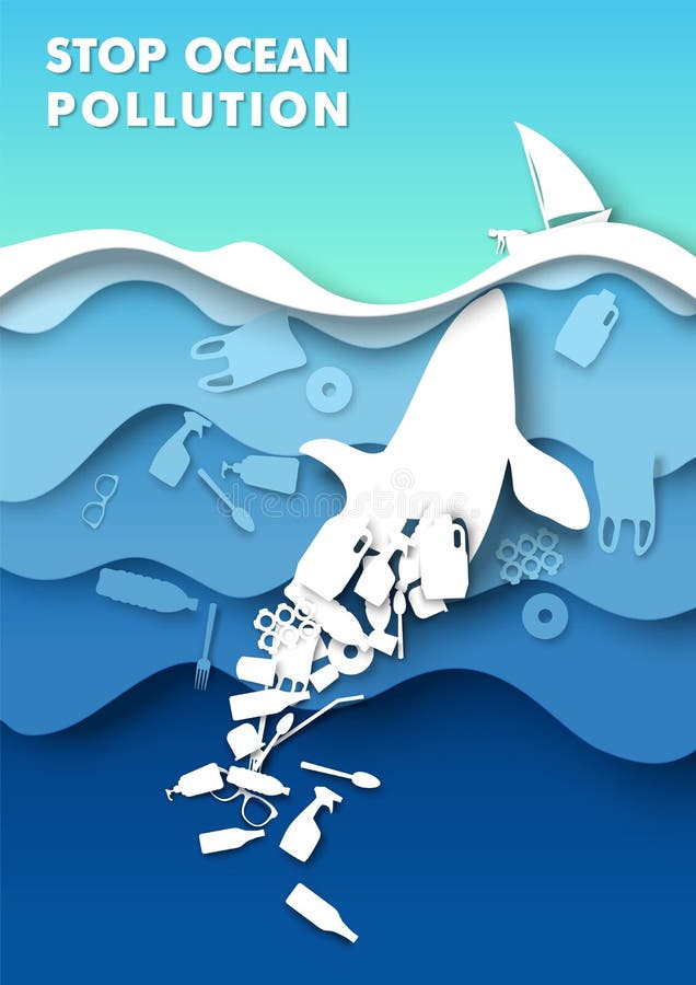 Stop Ocean Plastic Pollution Vector Paper Art Poster Banner Template