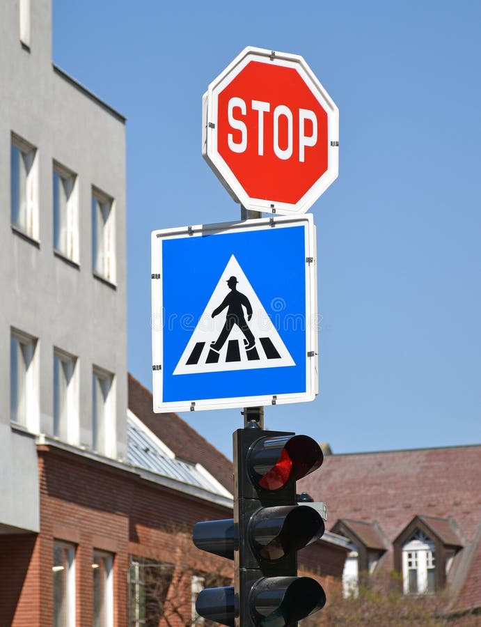 Stop and Pedestrian Crossing Traffic Signs Stock Photo - Image of road ...