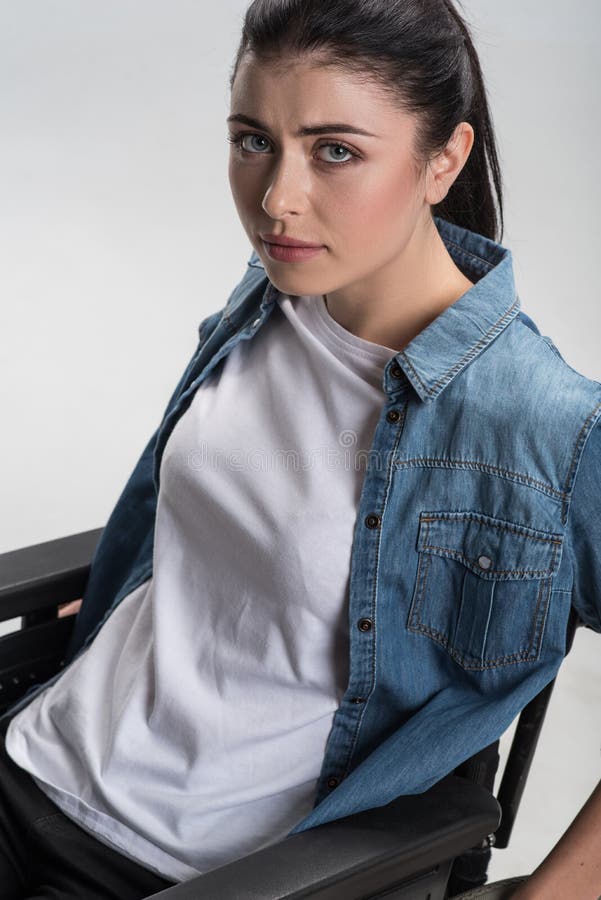 Musing Crippled Woman Thinking in Wheelchair Stock Photo - Image of ...