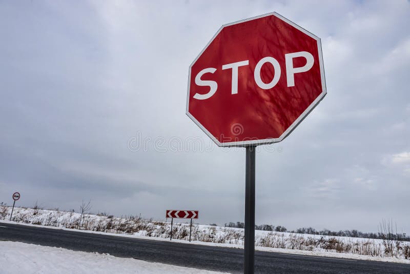 Stop Road Sign in Snowy Day in Winter Stock Photo - Image of oncepts ...