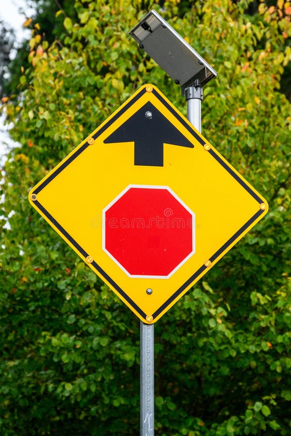 Stop Sign Ahead Sign with Flashing LED Lights Powered by a Solar Panel ...
