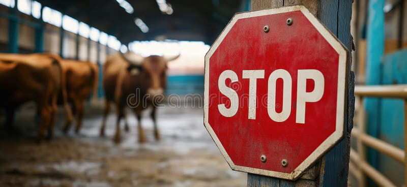 Stop Sign in Barn with Cows in Background Highlighting Farm Safety ...