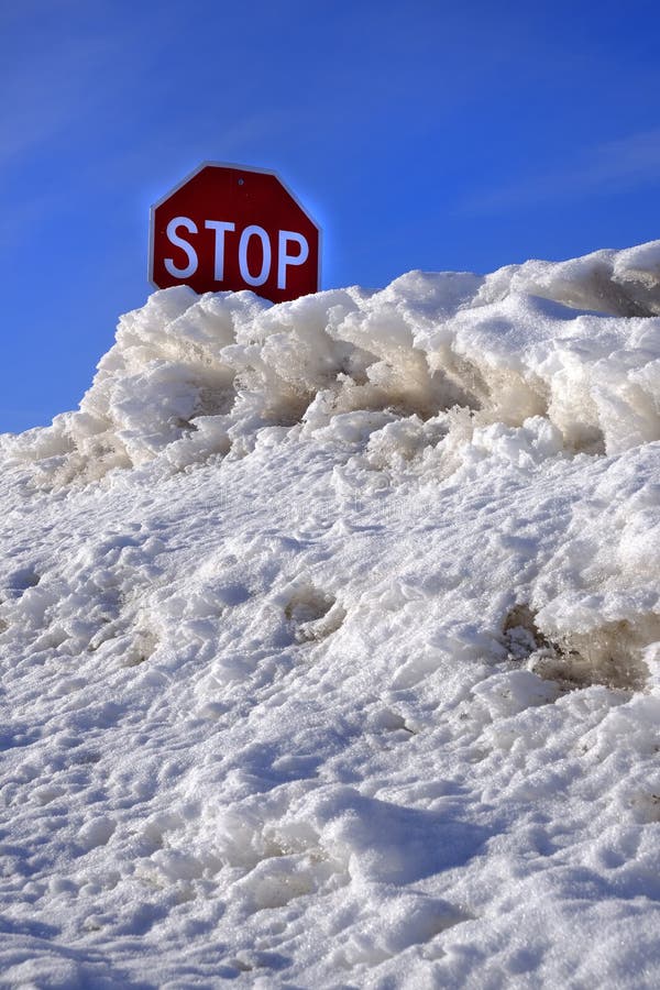 Stop Sign Buried in Snow Drift Deep Winter Stock Image - Image of blue ...
