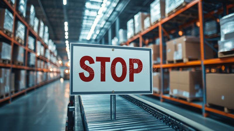 Stop Sign on Conveyor Belt in Distribution Warehouse with Cardboard ...