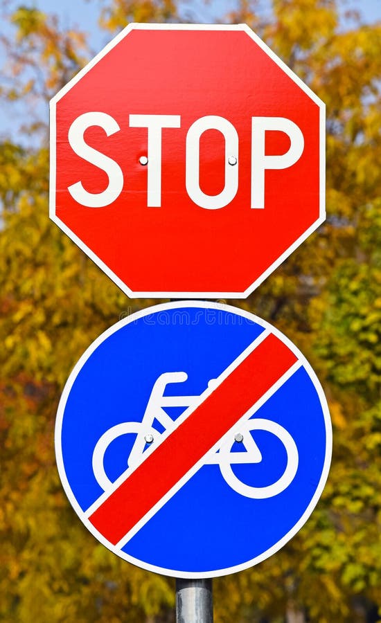 Stop Sign and End of the Bicycle Road Stock Image - Image of symbol ...