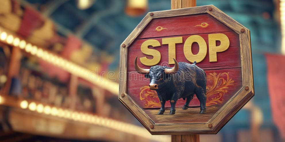 Stop Sign Featuring a Bull Sculpture in a Rustic Interior Setting Stock ...