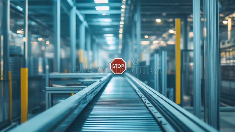 Stop Sign Floating Over Empty Conveyor Belt in Large Industrial ...