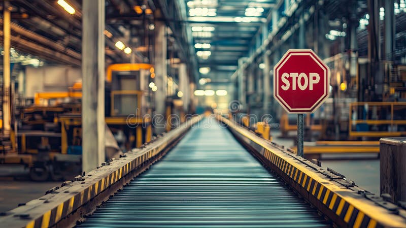 Stop Sign Floating Over Empty Conveyor Belt in Large Industrial ...
