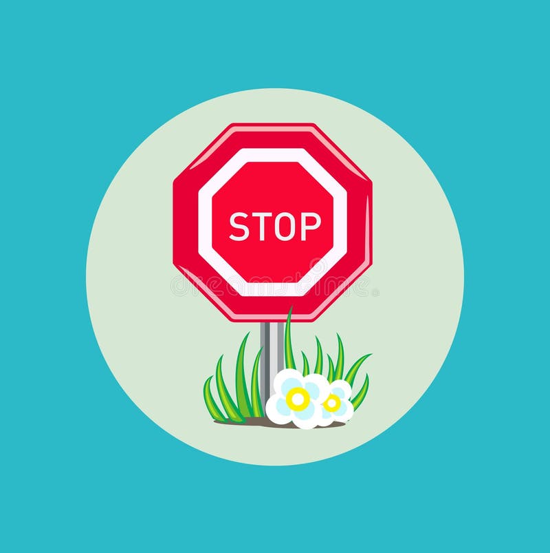 Stop Sign with Grass and Flowers Flat Design Stock Vector ...
