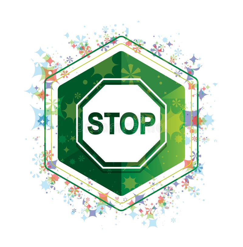 Stop Sign Icon Floral Plants Pattern Green Hexagon Button Stock ...