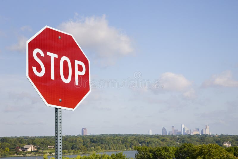 Stop Sign with City Skyline Stock Photo - Image of sign, green: 139560540