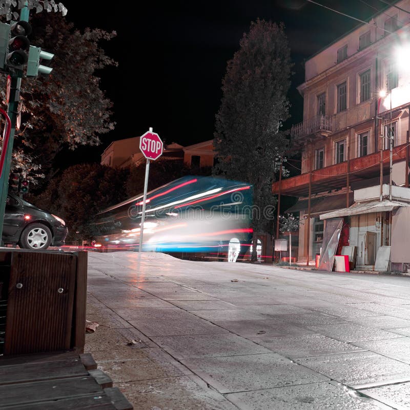 Stop sign at night stock image. Image of city, night - 206866291