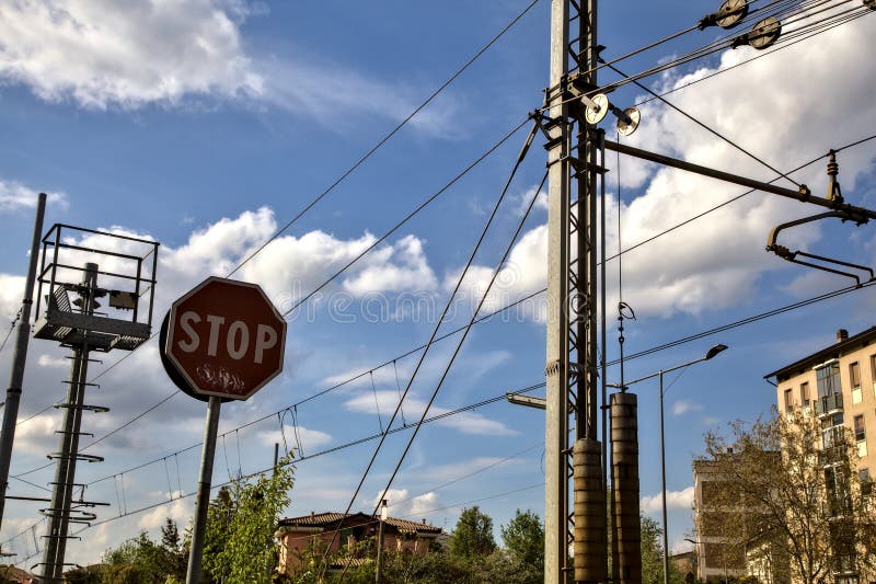 Stop Sign with Over Head Electricty Cables and the Sky As Backdrop ...