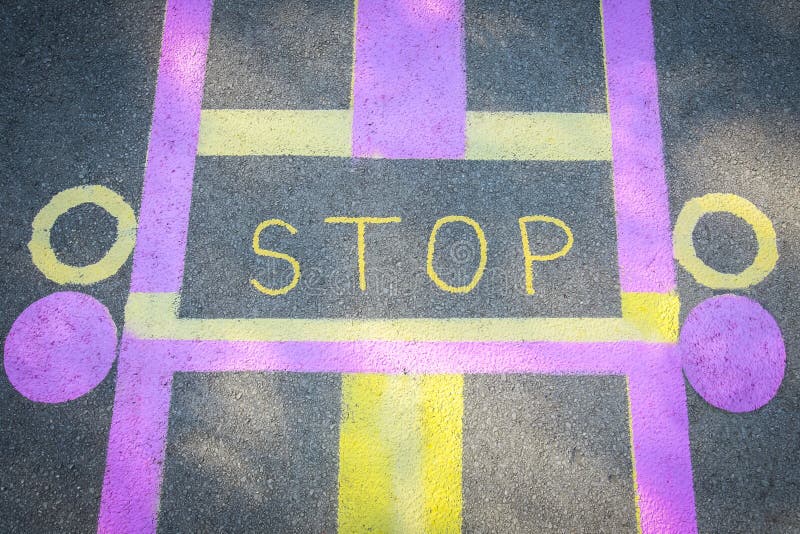 Stop sign painted on road stock photo. Image of paint - 128119442